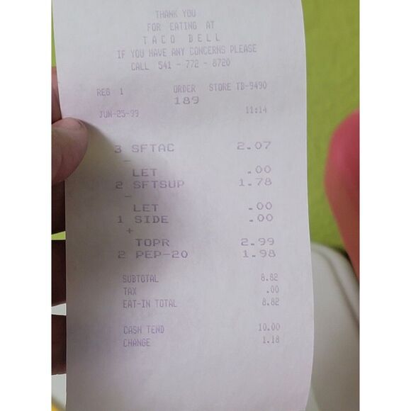 Dining | Vintage Taco Bell Food Receipt From The 9s 1990s 1999 ...